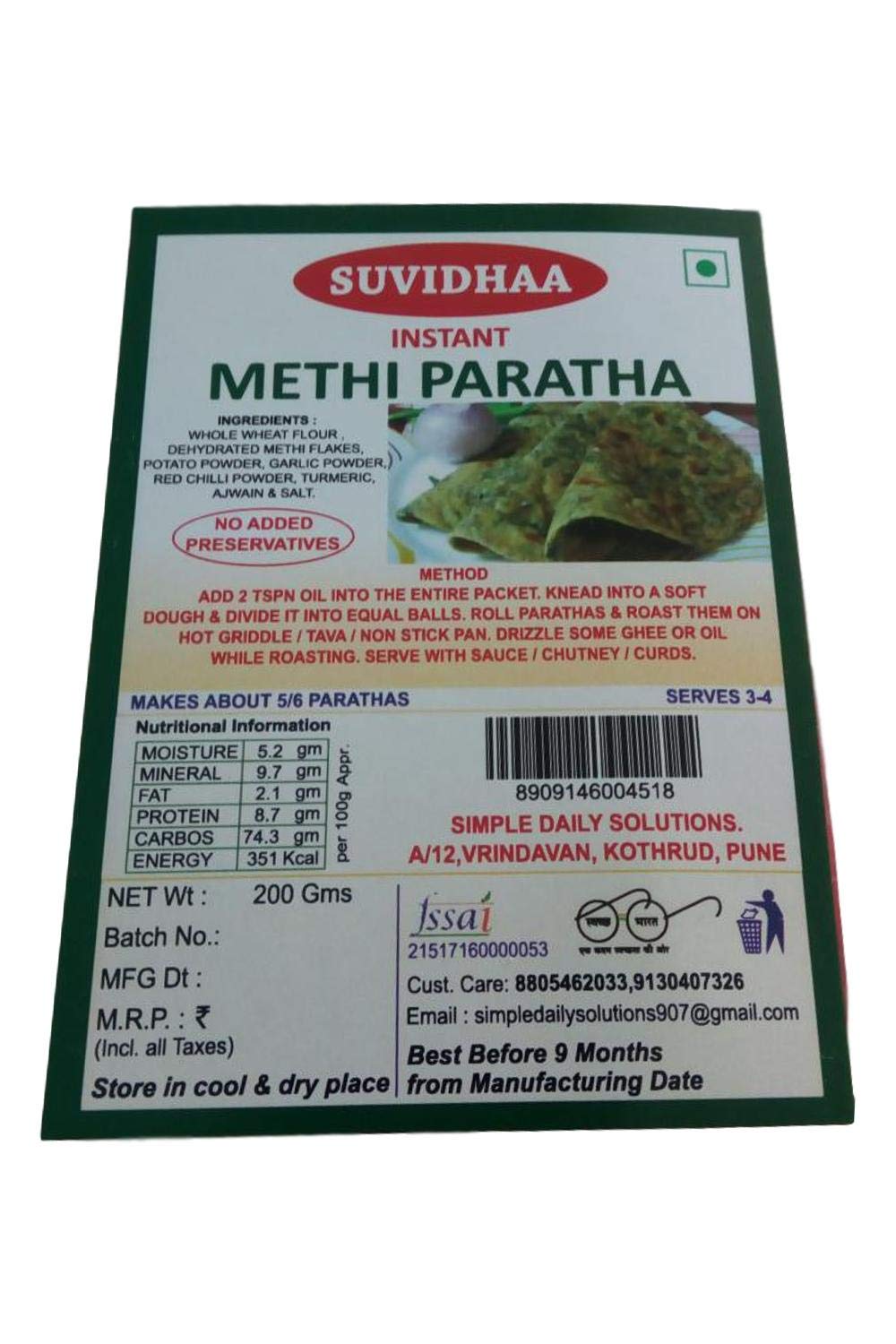 Buy Instant Methi Paratha Mix from Suvidha, Pune Online | Foodwalas