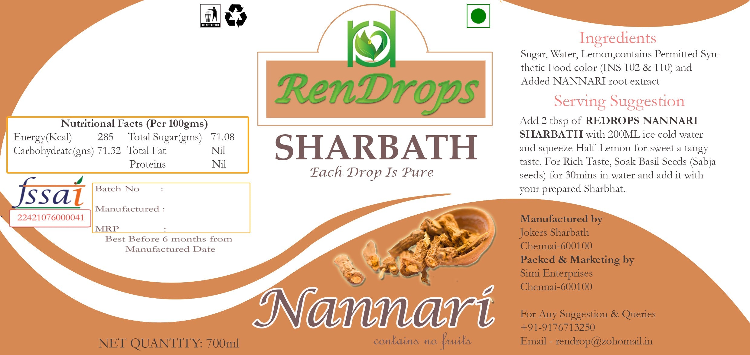 Buy Nannari Sharbath Syrup from Rendrops, Chennai Online | Foodwalas